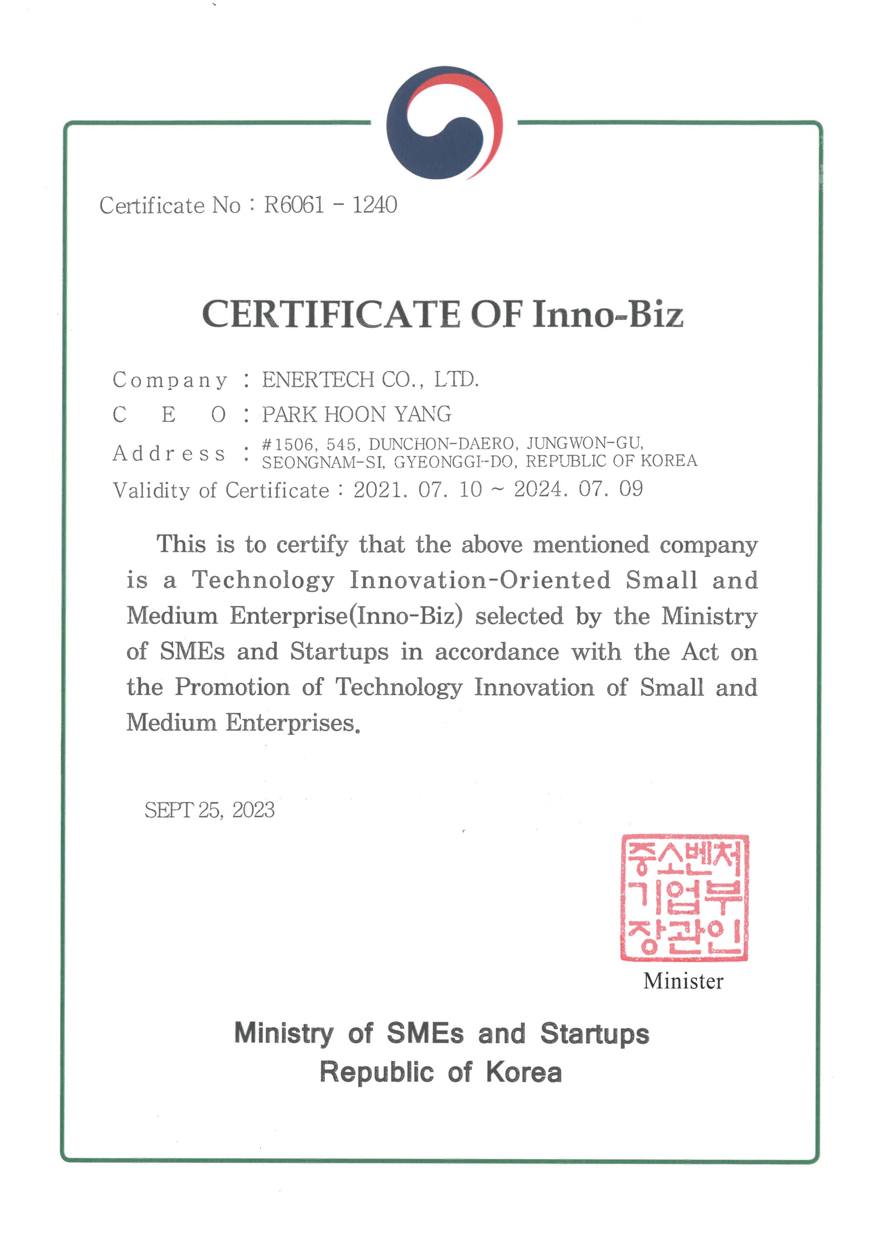 About Us – Certificates – Enertech